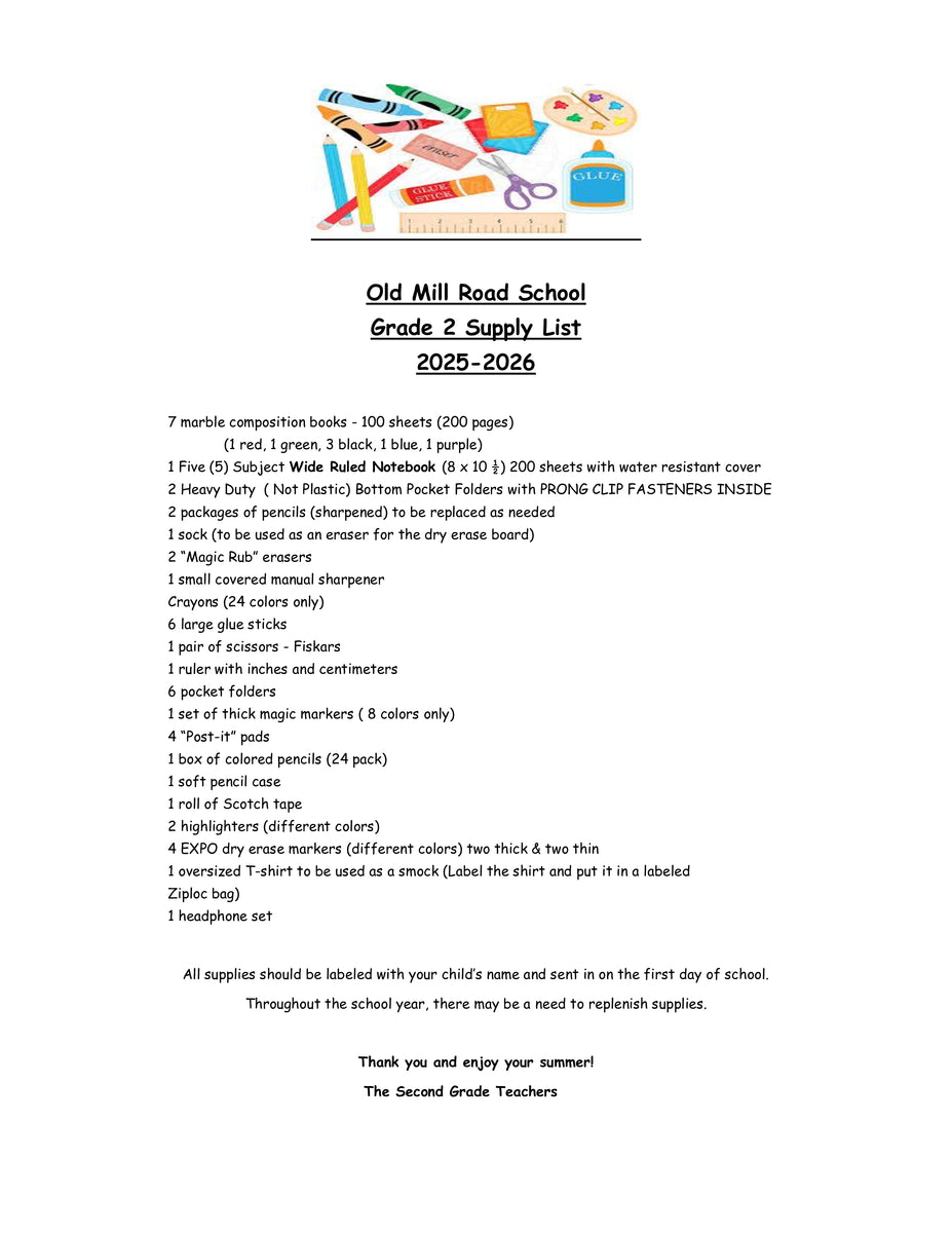 Old Mill School - SECOND GRADE 2025-26 School Supply Package – Colony ...