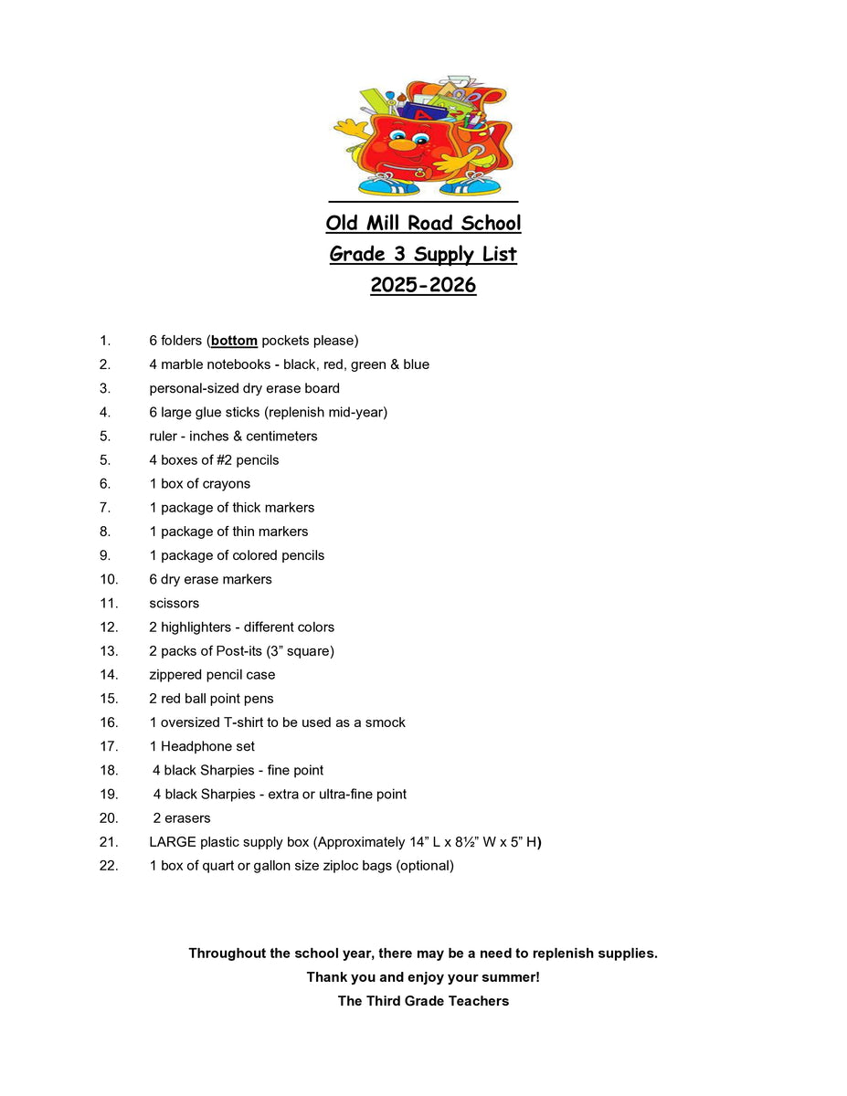 Old Mill School - THIRD GRADE 2025-26 School Supply Package – Colony ...