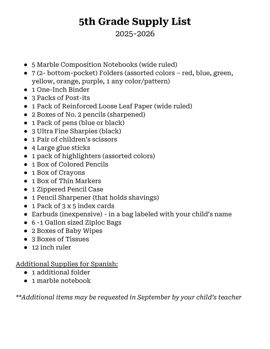 Bellmore School - 5TH GRADE 2025-26 School Supply Package – Colony ...