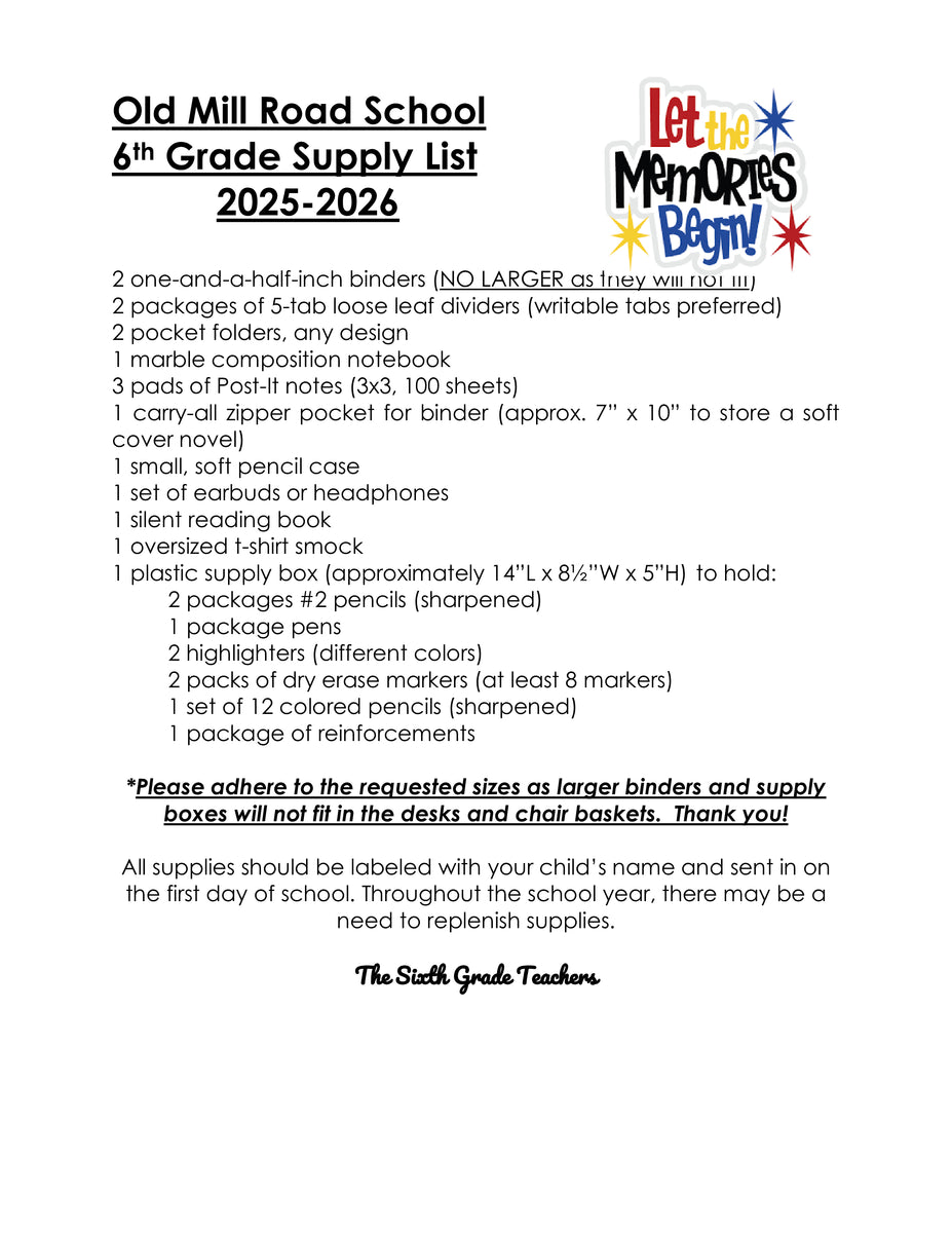 Old Mill School - SIXTH GRADE 2025-26 School Supply Package – Colony ...