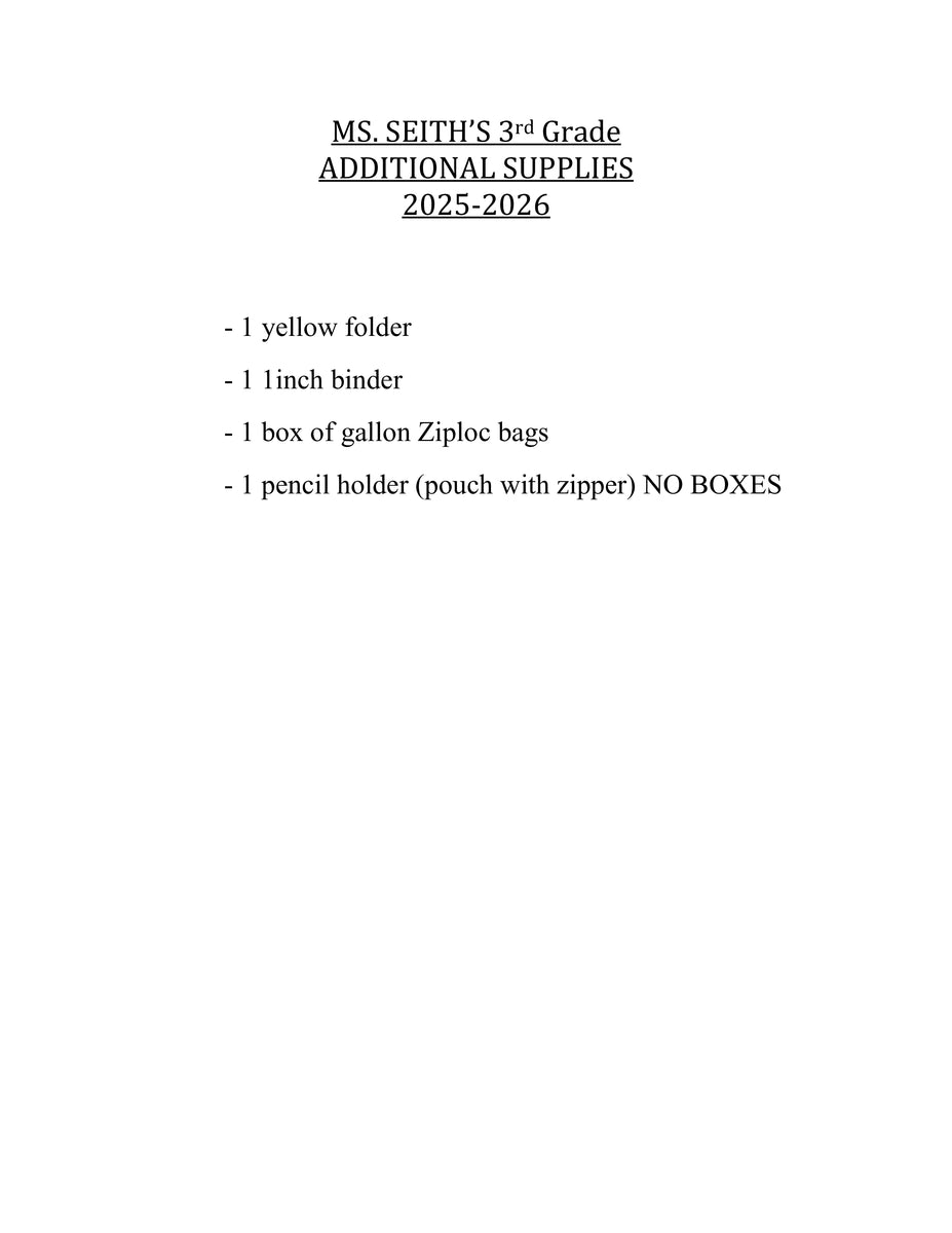 Bellmore School WINTHROP - 3RD GRADE - MS. SEITH - 2025-26 School Supp ...